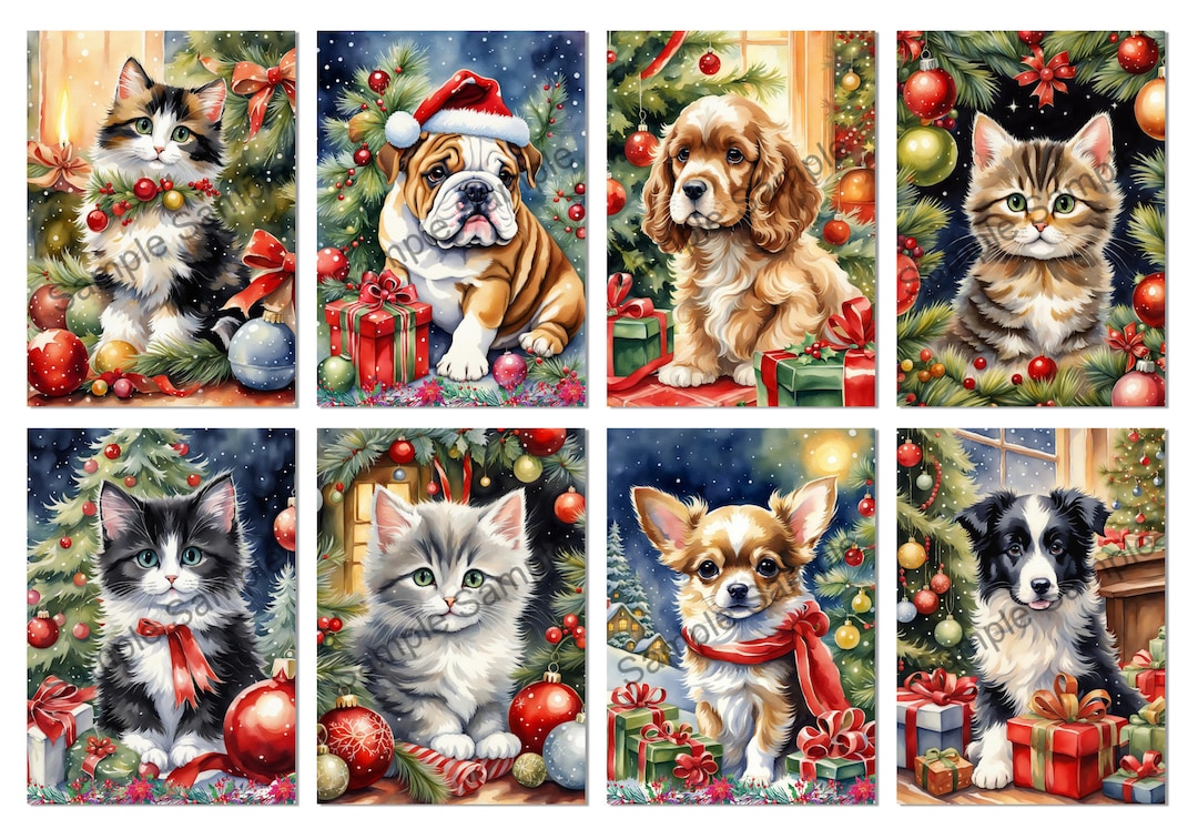 Christmas Cats and Dogs ATC Sized Collage Sheet, Dogs and Lights ...