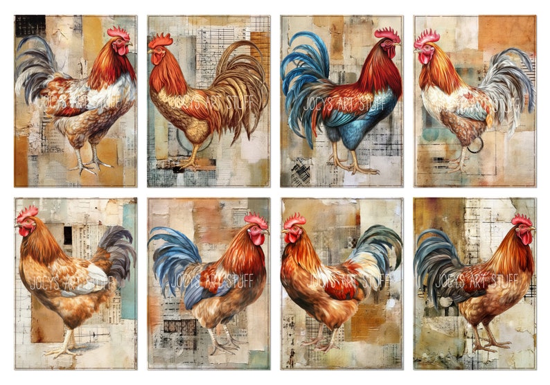 Roosters ATC Sized Collage Sheet, Digital Download, Junk Journal ...