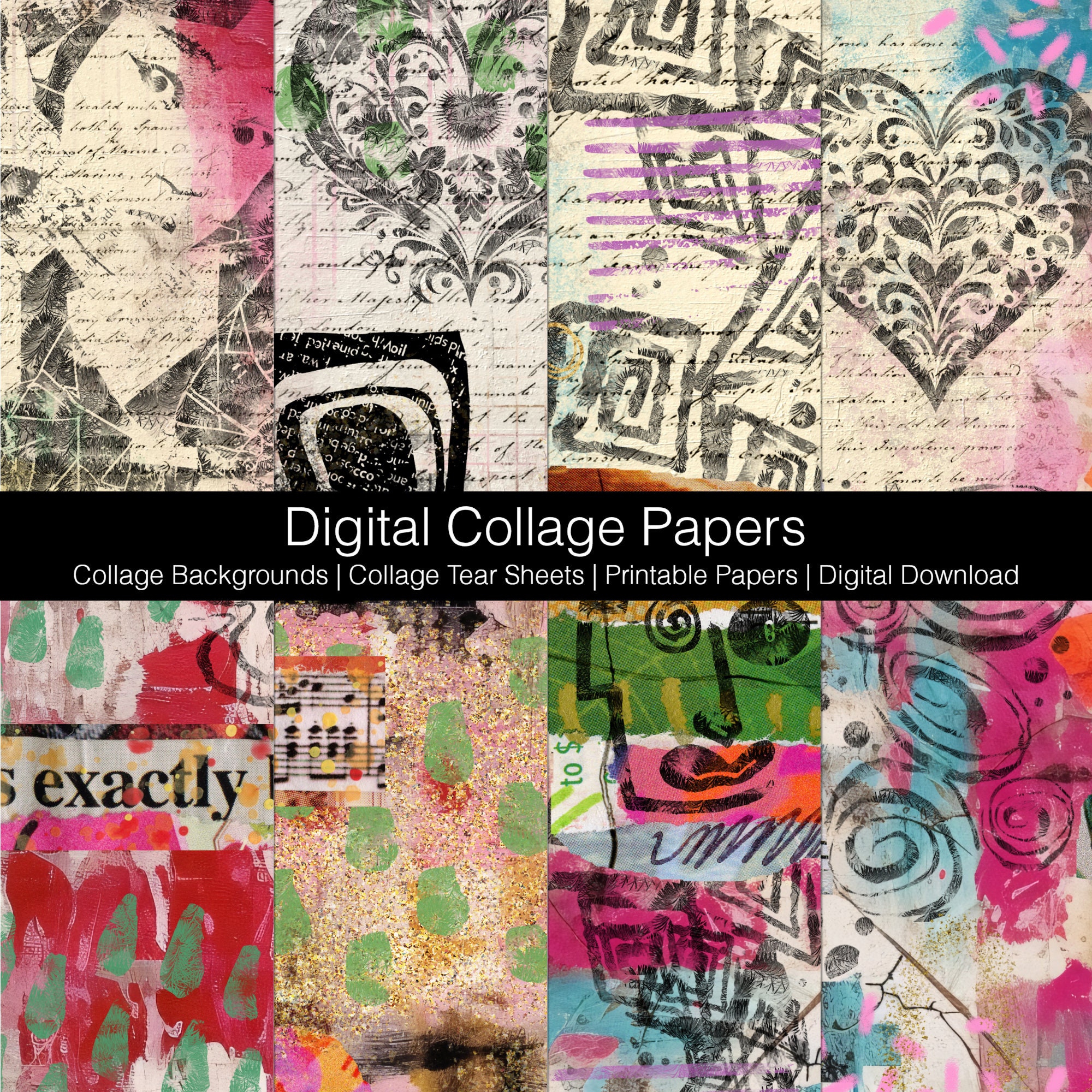 Digital Collage Backgrounds, Collage Tear Sheets, Printable Papers ...