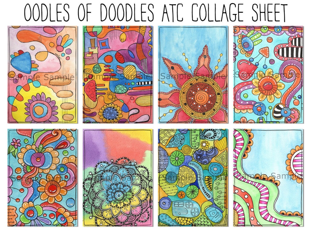 Artist Trading Card Sized Collage Sheet Watercolor Doodles - Etsy