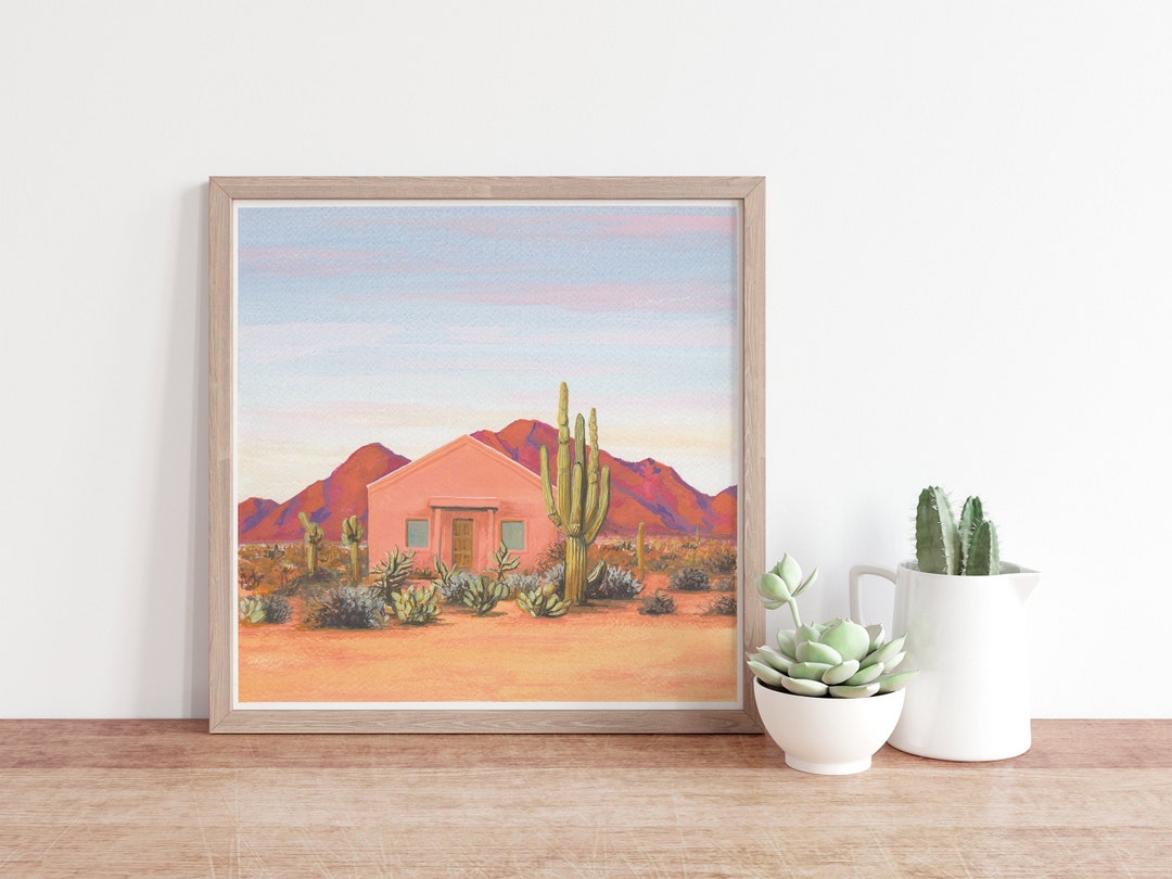Gouache Pink Desert Home, Cactus Print, 8x8 Original Art - Etsy