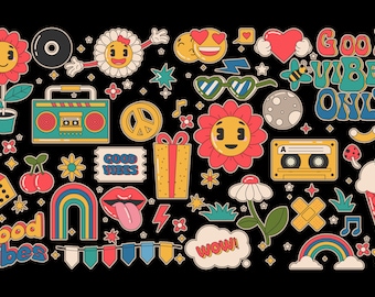 Retro Groovy Stickers Hippie Style Stickers Set Digital Files - Etsy