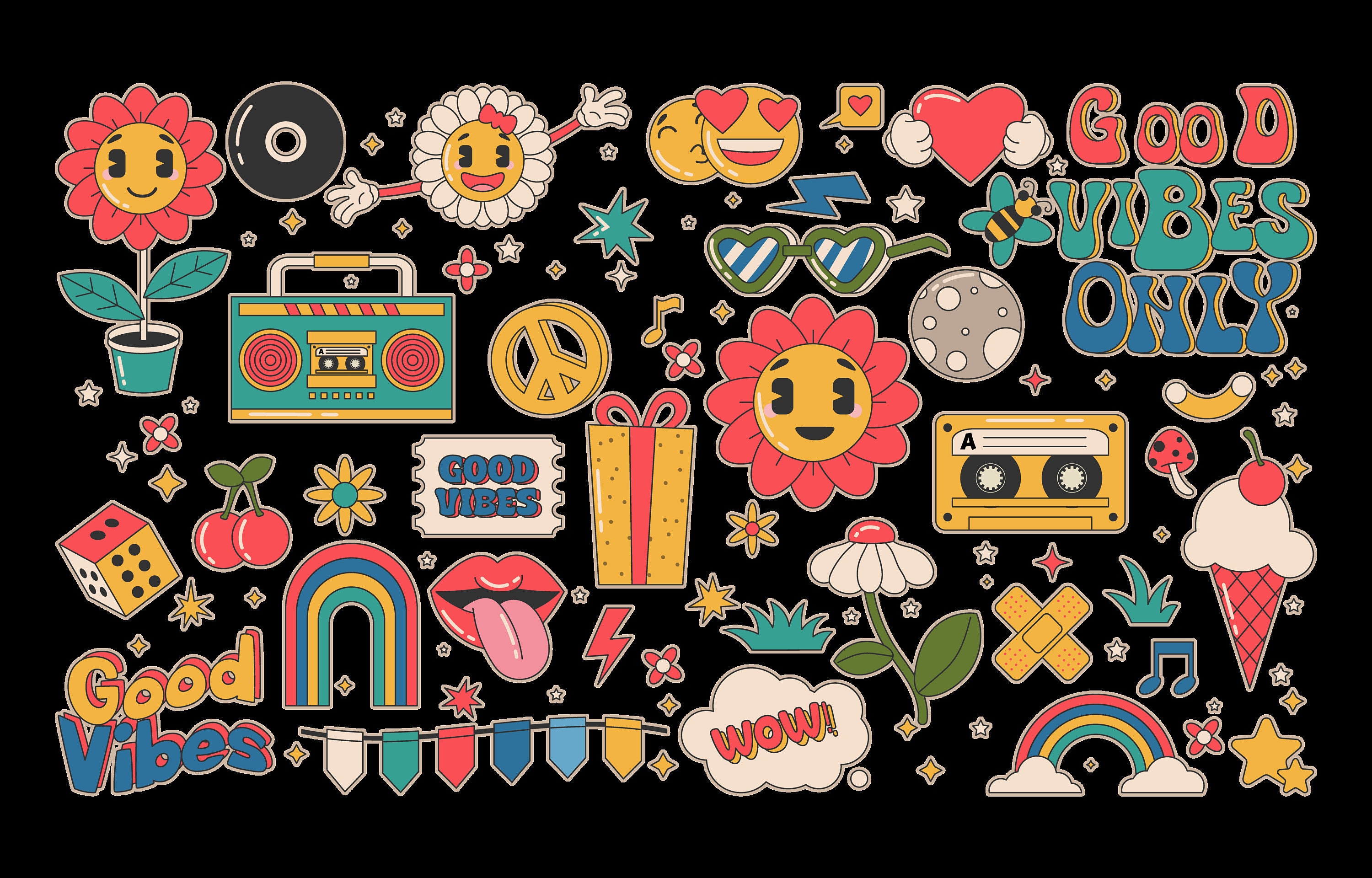 Cartoon Retro Groovy Stickers 70s With Hippie Style Stickers Digital ...