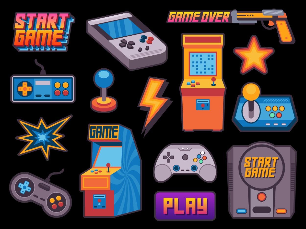 Vintage Gamer Assets With Pixel 8 Bit Icons Sticker Set Digital Files ...