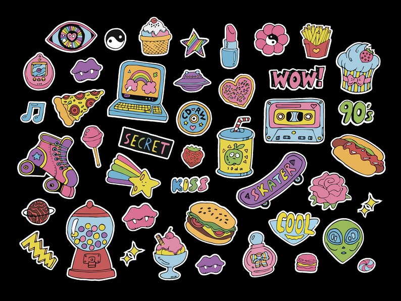 Cartoon 90s Retro Patches and Stickers Set Digital File - Etsy