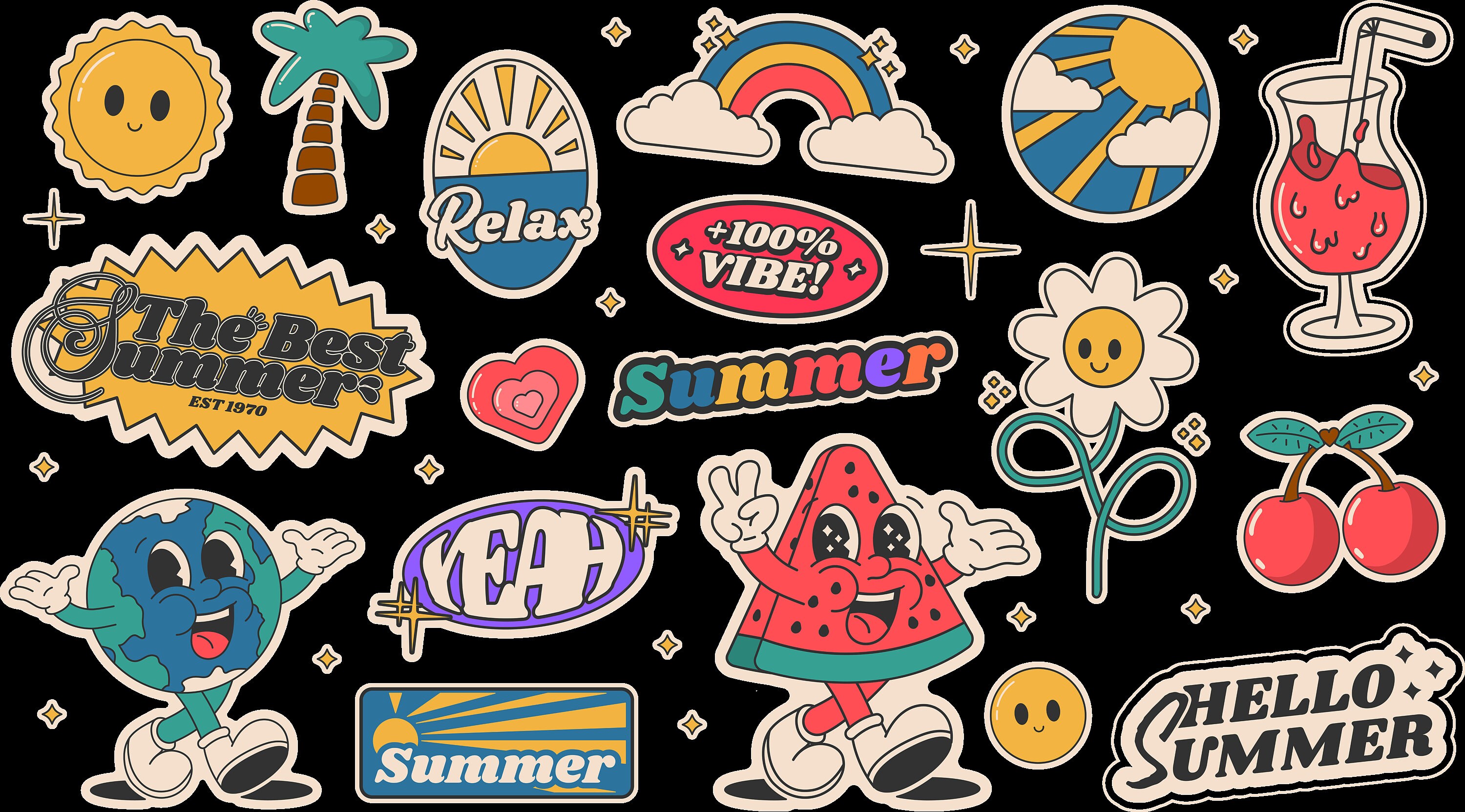 Cartoon Summer Groovy Stickers 70s, Retro Stickers, Summer Stickers ...