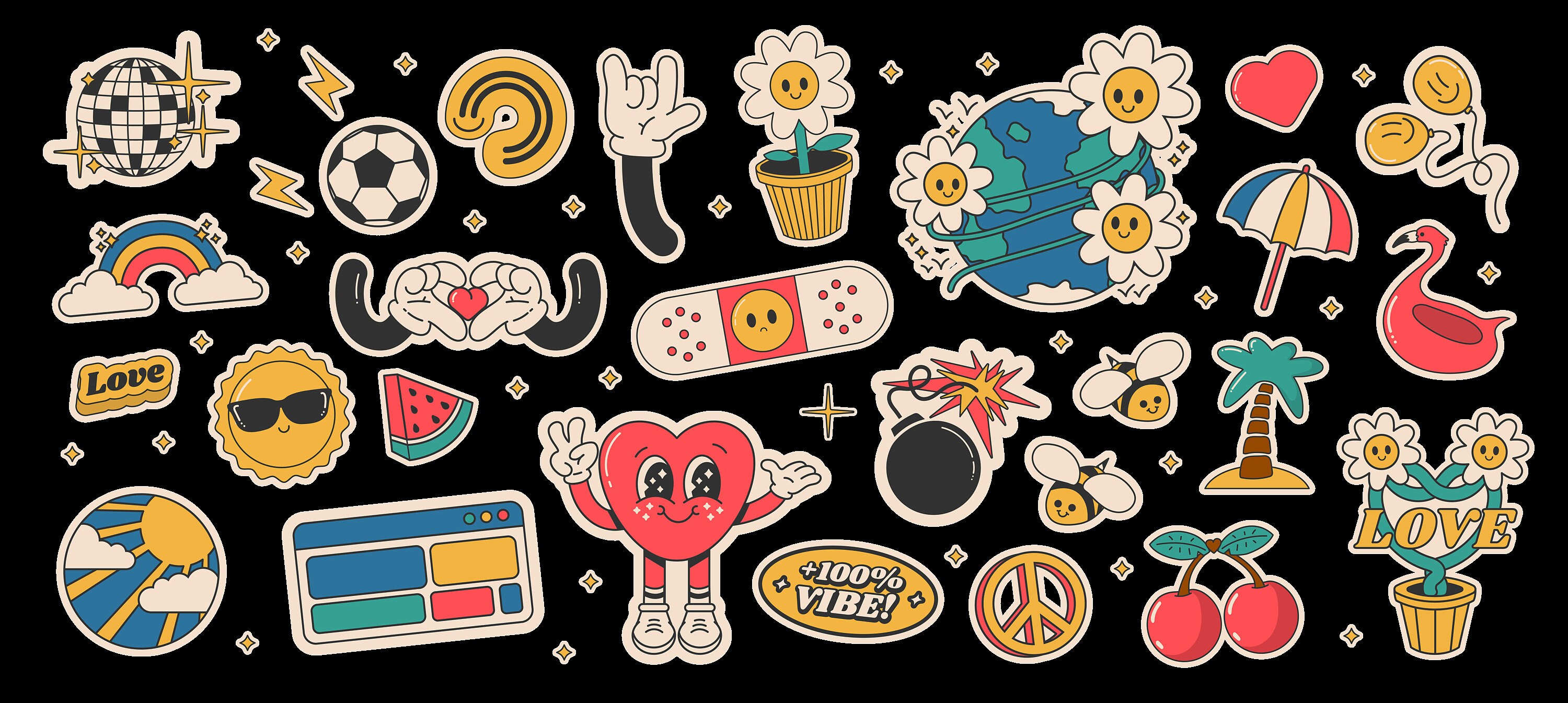 Cartoon Groovy Stickers 70s. Cute Retro Characters Sticker Set Digital ...
