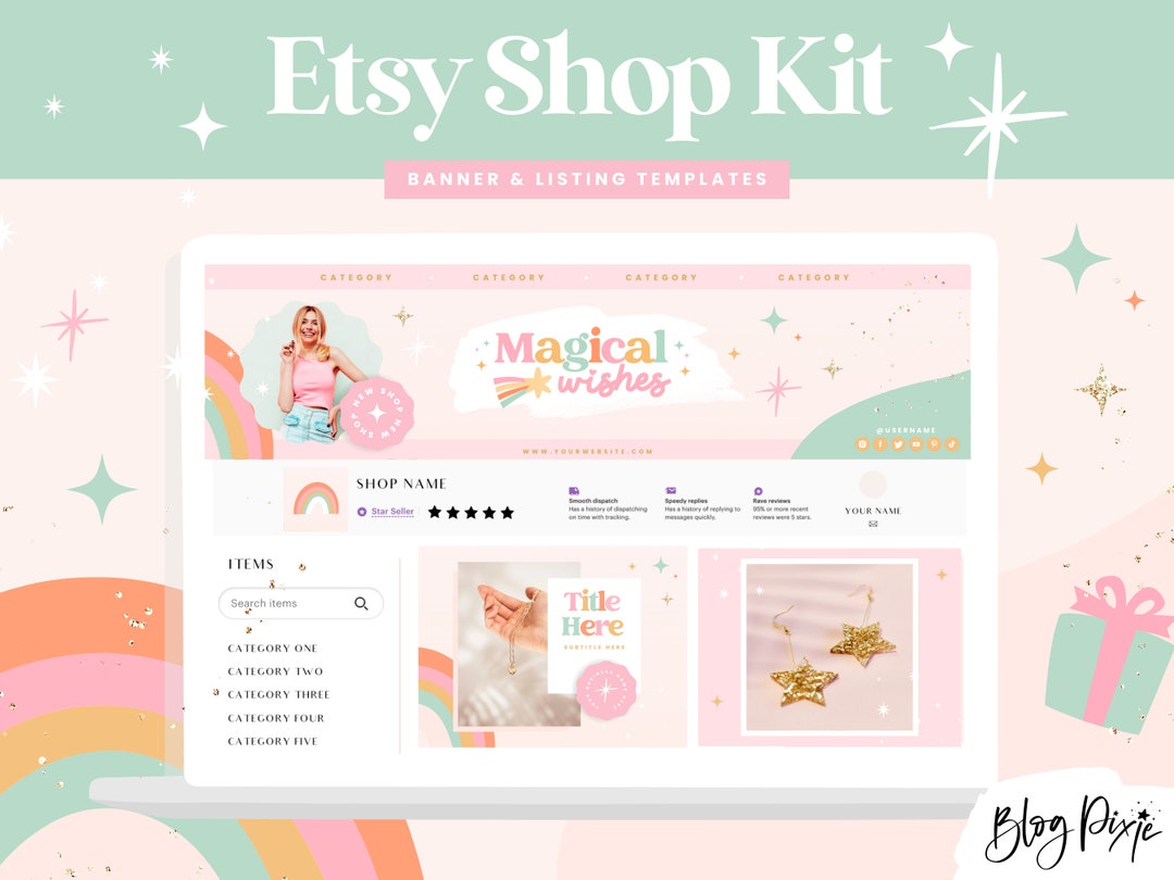 Etsy Shop Kit Pink Rainbow Etsy Banner Templates Canva Etsy Store ...
