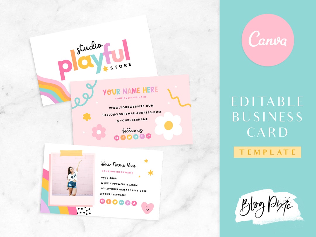 Cute Business Card Template Rainbow Canva Business Card Design Editable ...