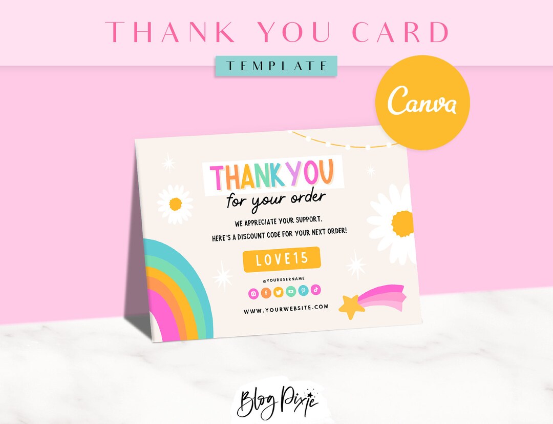 Rainbow Thank You Card Template Canva Order Card Rainbow Branding Small ...