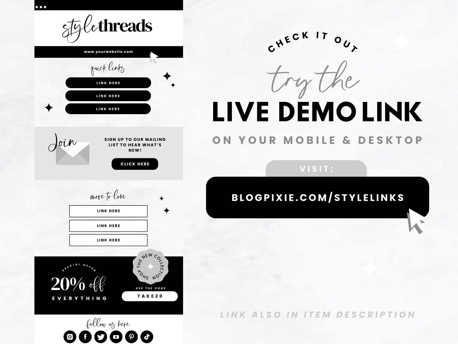 Link in Bio Template Canva - Black and White Links Website - Instagram ...