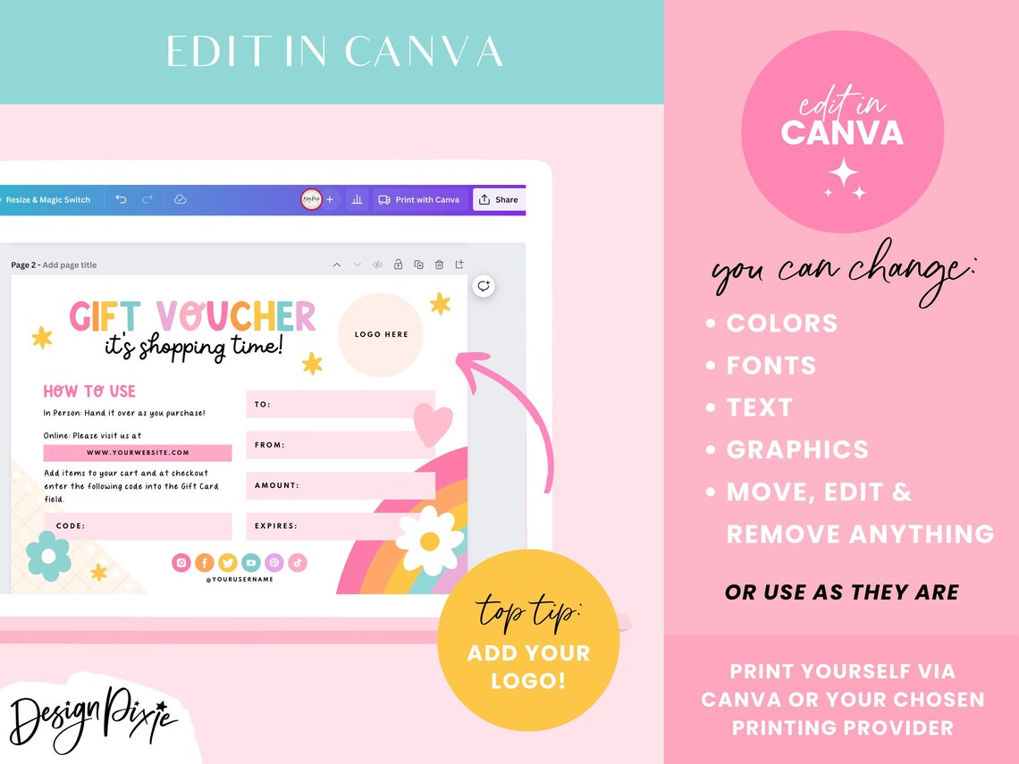 Gift Certificate Template - Editable Gift Card Template Canva - Rainbow ...