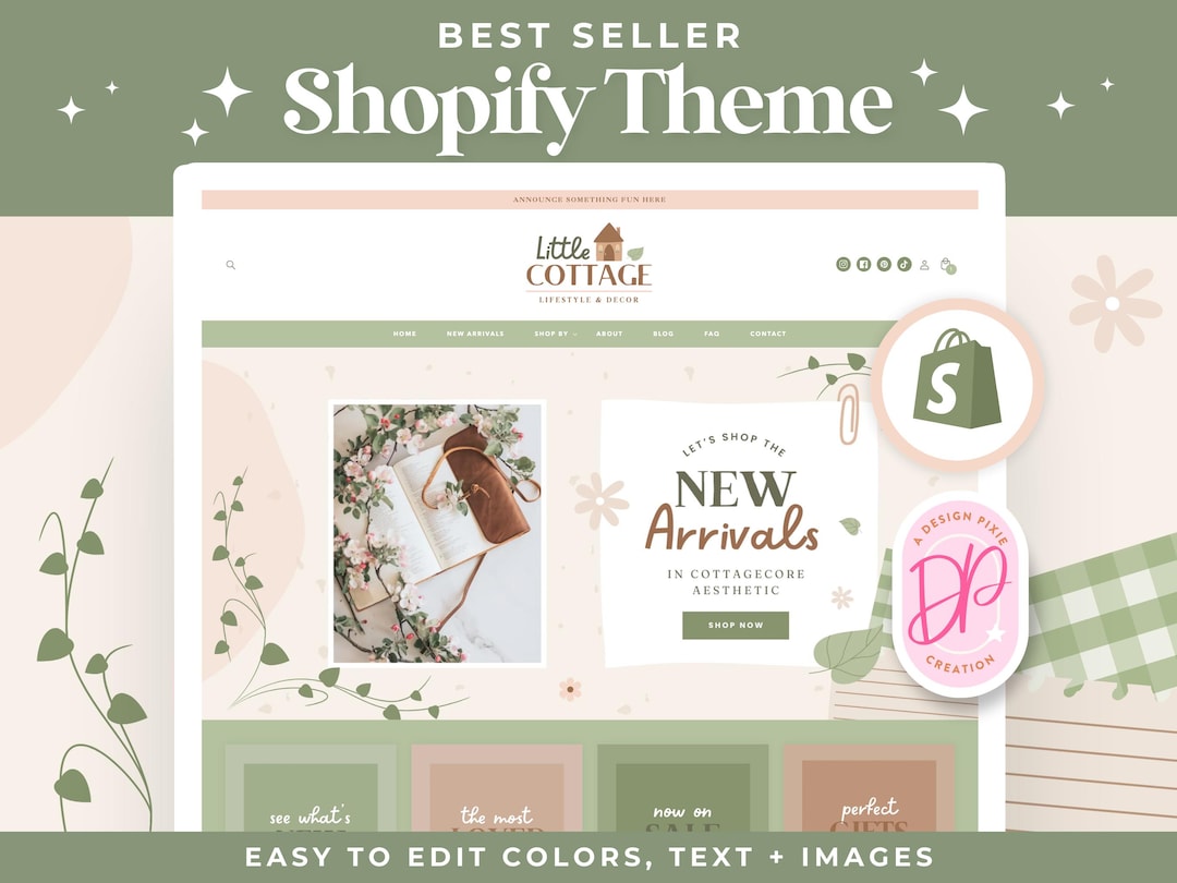 Cottagecore Aesthetic Shopify Theme - Sage Green Peach Shopify Template ...