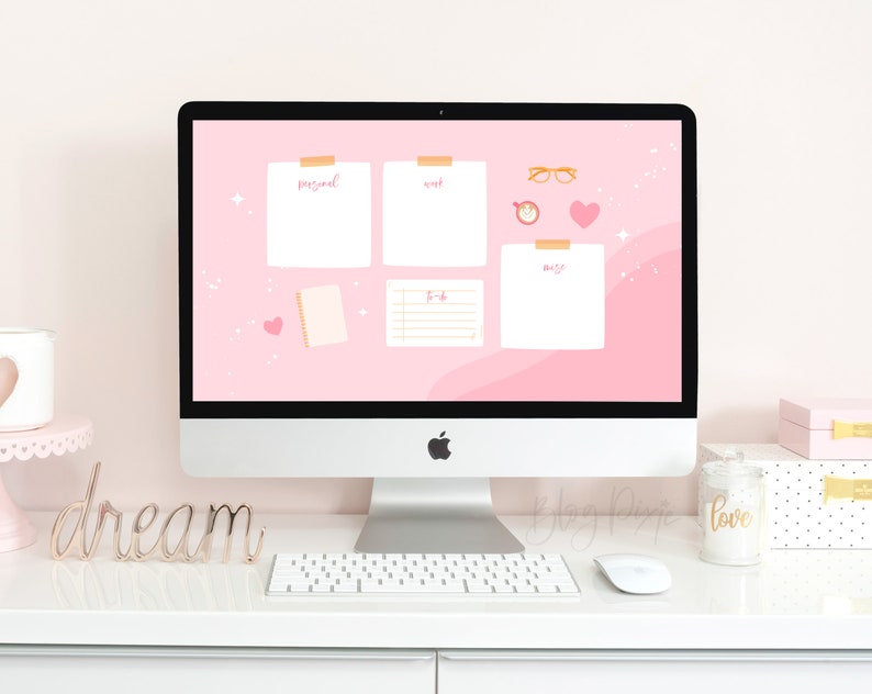 Desktop Organizer Wallpaper Pink Desktop Background Cute - Etsy