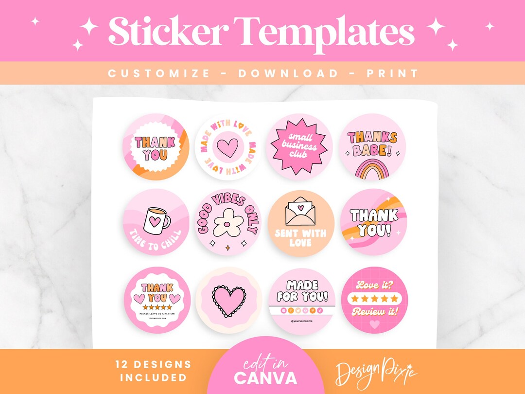 Pink Retro Sticker Template Canva - Thank You Stickers - Packaging ...