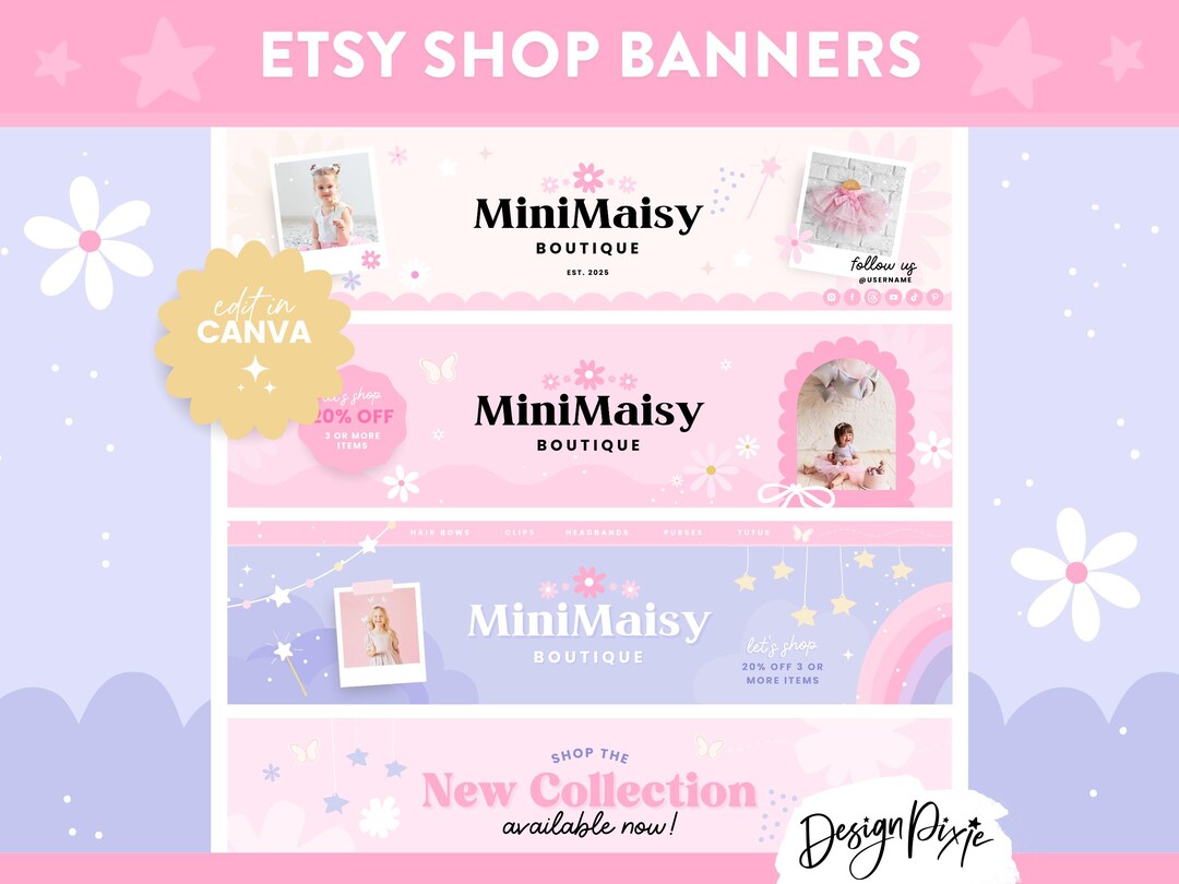 Girly Pink Etsy Shop Banner Templates - Feminine Bows, Butterflies ...