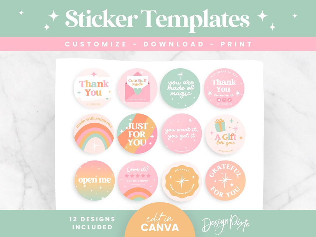 Pastel Rainbow Packaging Stickers Canva - Pretty Sticker Templates ...