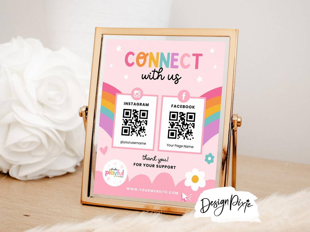 Rainbow Follow Us Sign Template Canva - QR Code Sign for Table ...