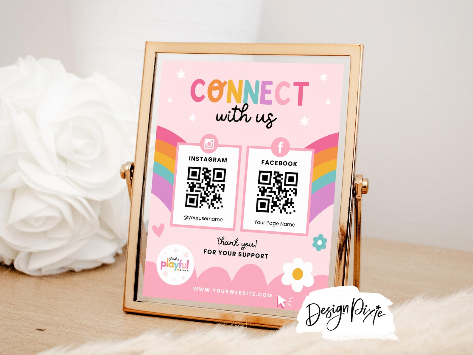 Rainbow Follow Us Sign Template Canva - QR Code Sign for Table ...