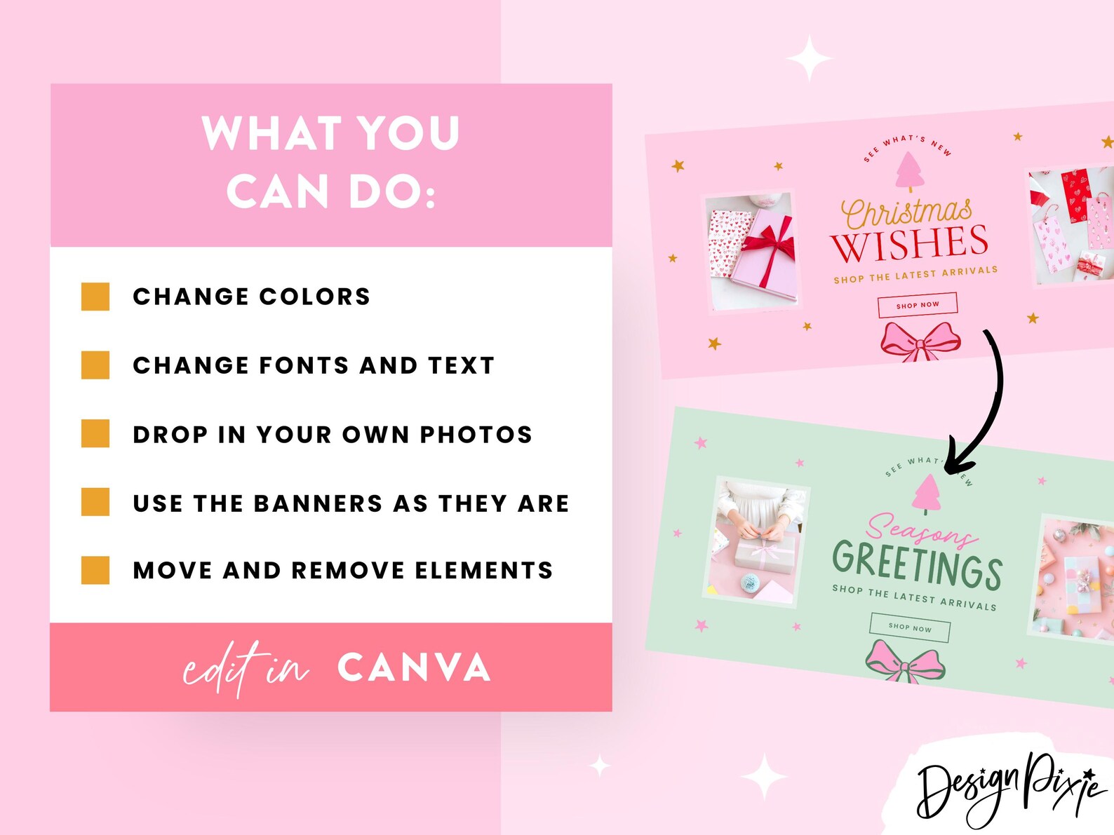 Pink Christmas Shopify Banners - Canva Shop Banner Templates - Pretty ...
