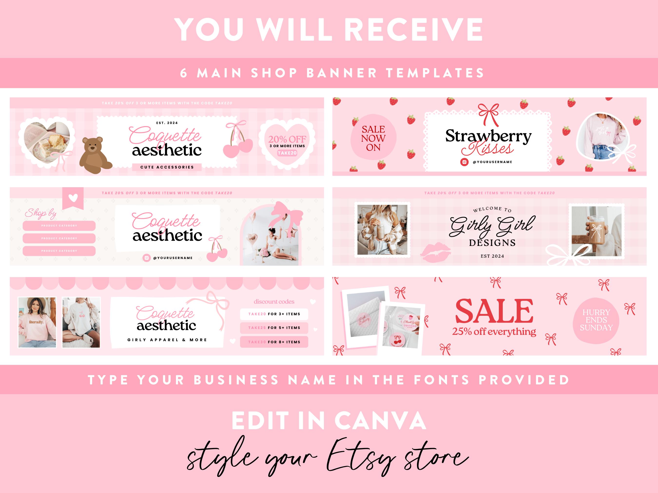 Coquette Aesthetic Etsy Shop Banner Templates - Cute Pink Store ...