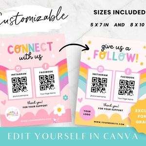 Rainbow Follow Us Sign Template Canva QR Code Sign for Table Business ...