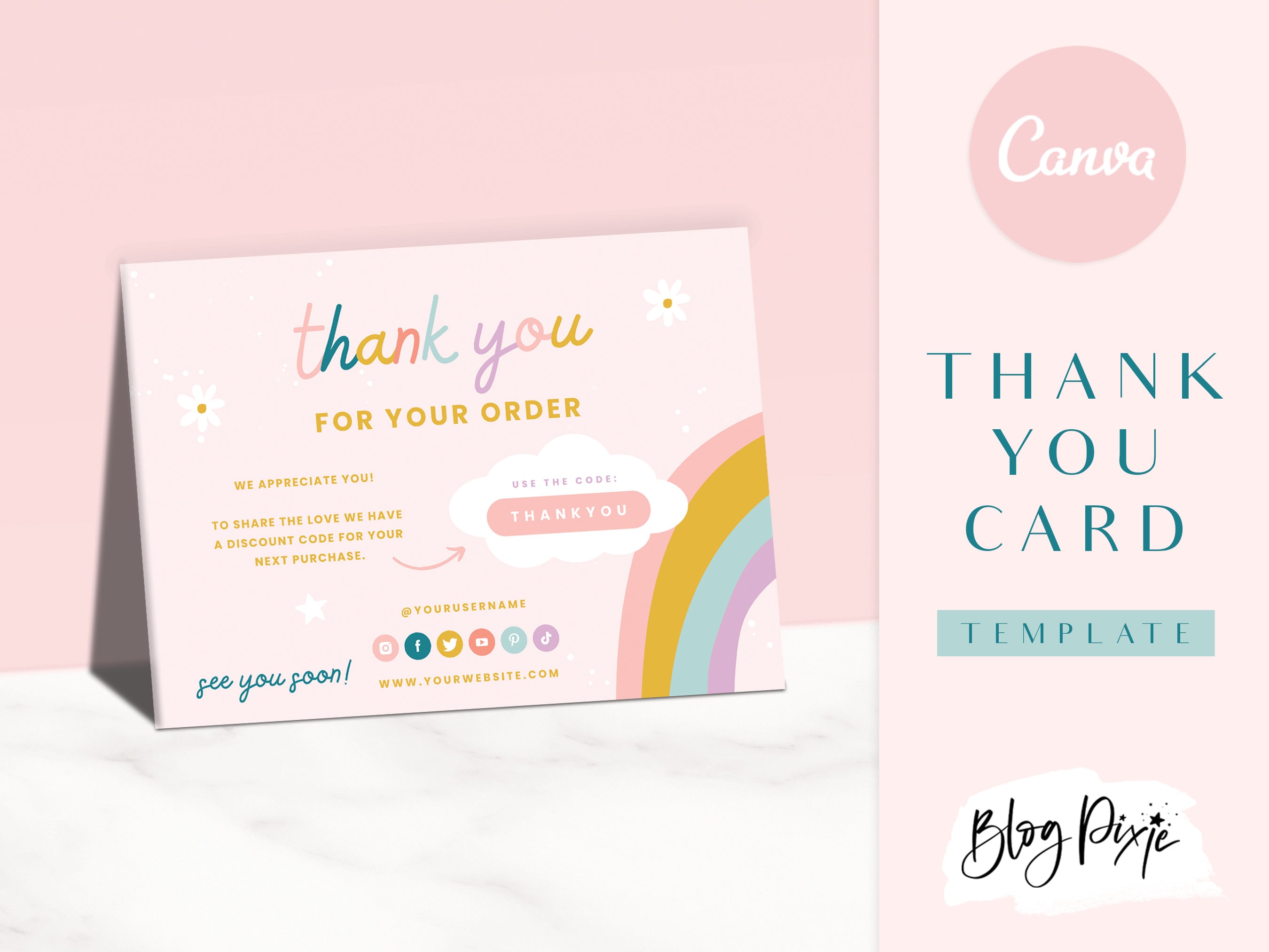 Thank You Card Template Pastel Rainbow Branding Canva - Etsy