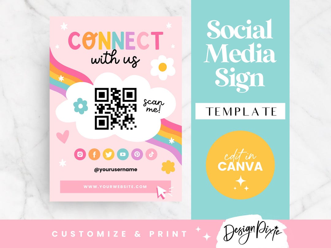 Rainbow Social Media Sign Template Canva - QR Code Sign for Table ...