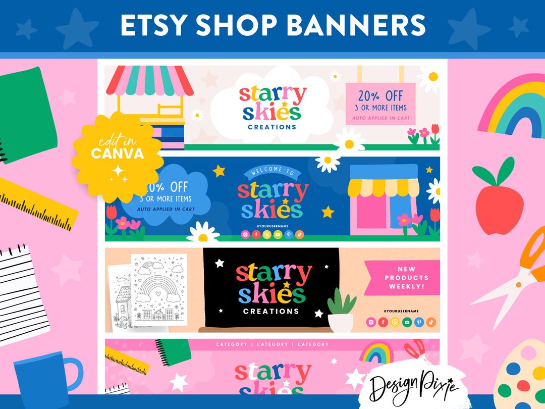 Fun Bright Etsy Shop Banner Templates - Bright Canva Banners for ...