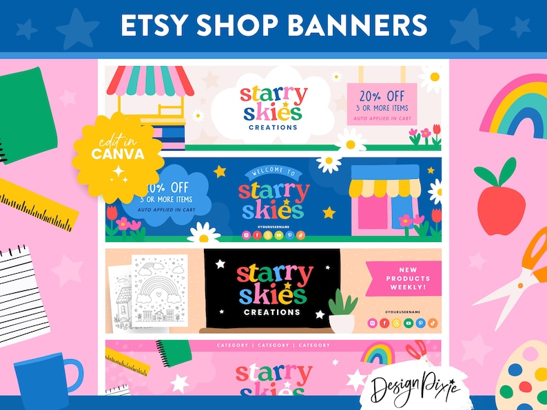 Fun Bright Etsy Shop Banner Templates - Bright Canva Banners for ...