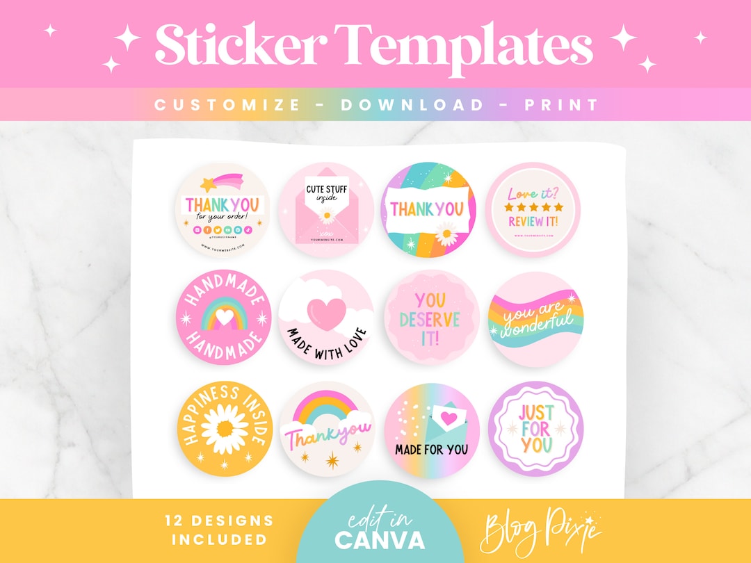 Rainbow Thank You Stickers Canva Sticker Templates Packaging Stickers ...
