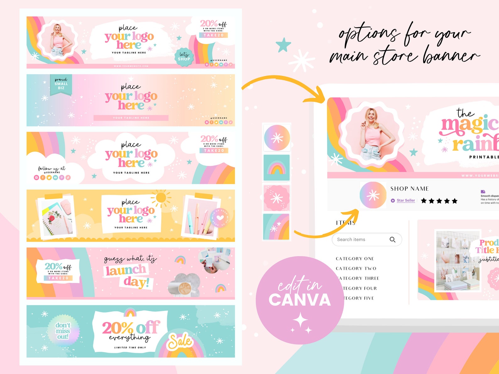 Rainbow Etsy Shop Kit - Etsy Banner Templates Canva - Magic Etsy Store ...