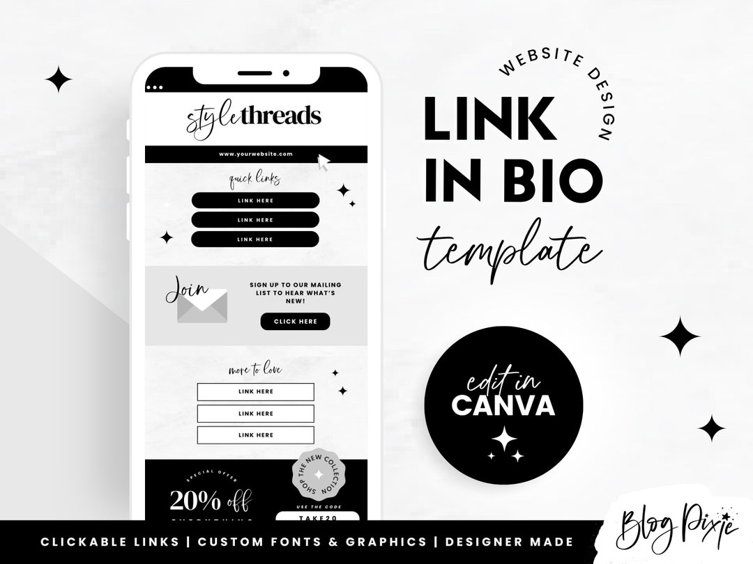 Link in Bio Template Canva - Black and White Links Website - Instagram ...