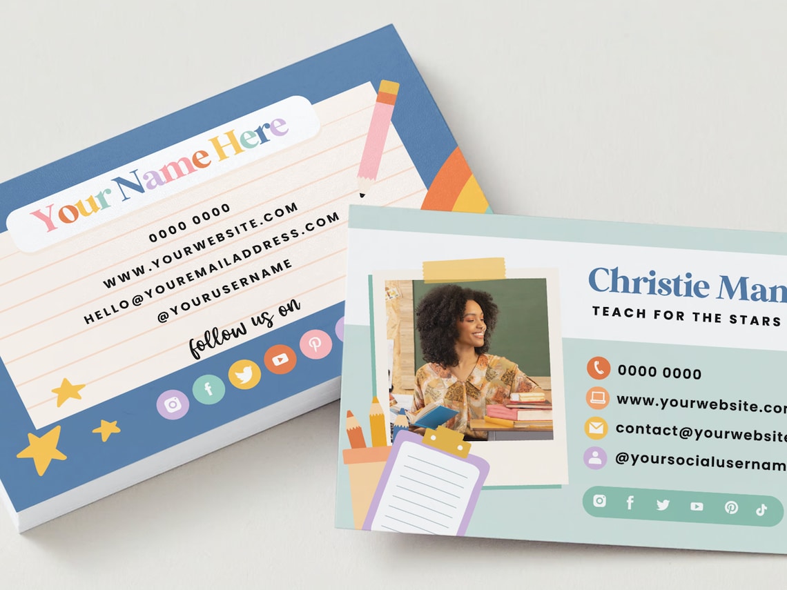 Teacher Business Card Template - Canva Business Card - Rainbow Branding ...