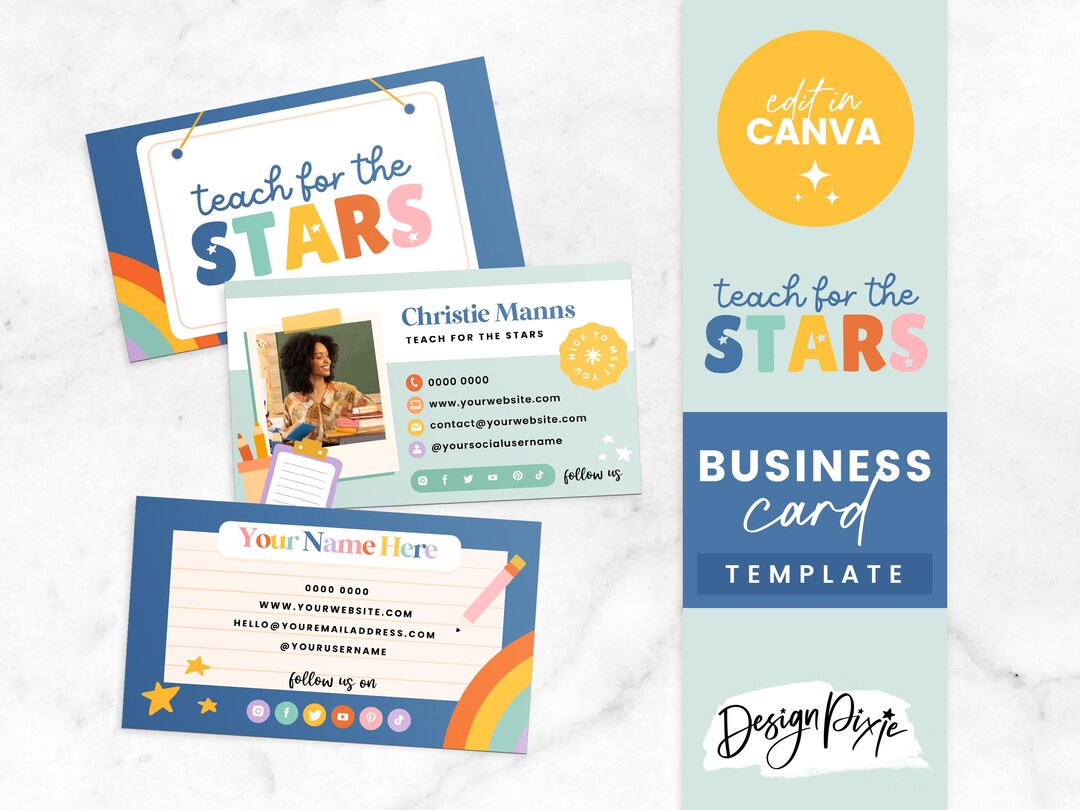 Teacher Business Card Template - Canva Business Card - Rainbow Branding ...