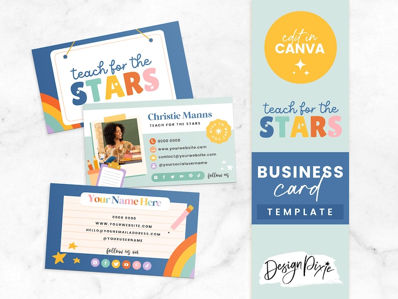 Teacher Business Card Template - Canva Business Card - Rainbow Branding ...