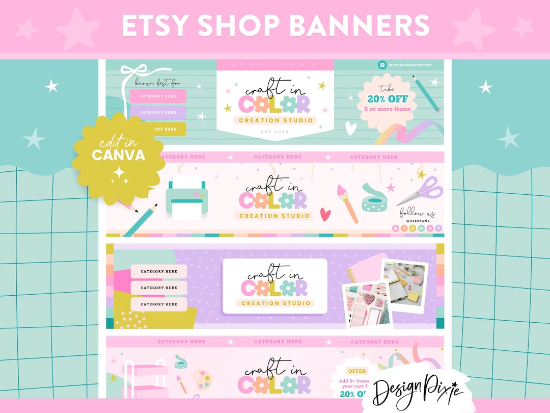 Bright Rainbow Etsy Shop Banner Templates - Cute Canva Designs With ...