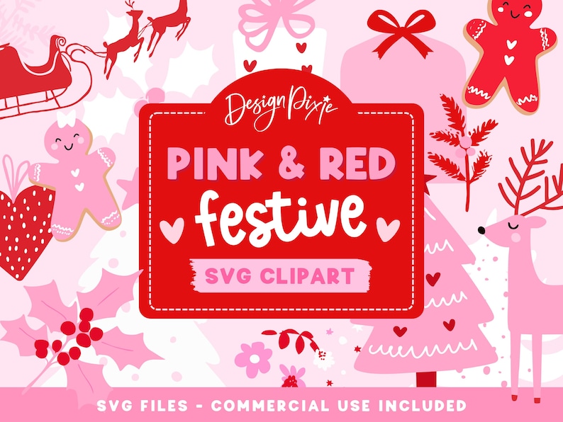 Clipart SVG navideño rosa y rojo: árboles, adornos, regalos y pan de ...
