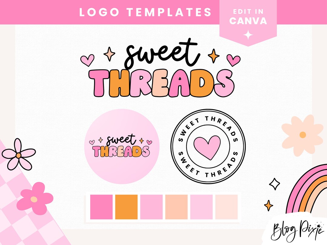 Pink Retro Logo Template Canva Editable Logo Design Hearts and Flowers ...