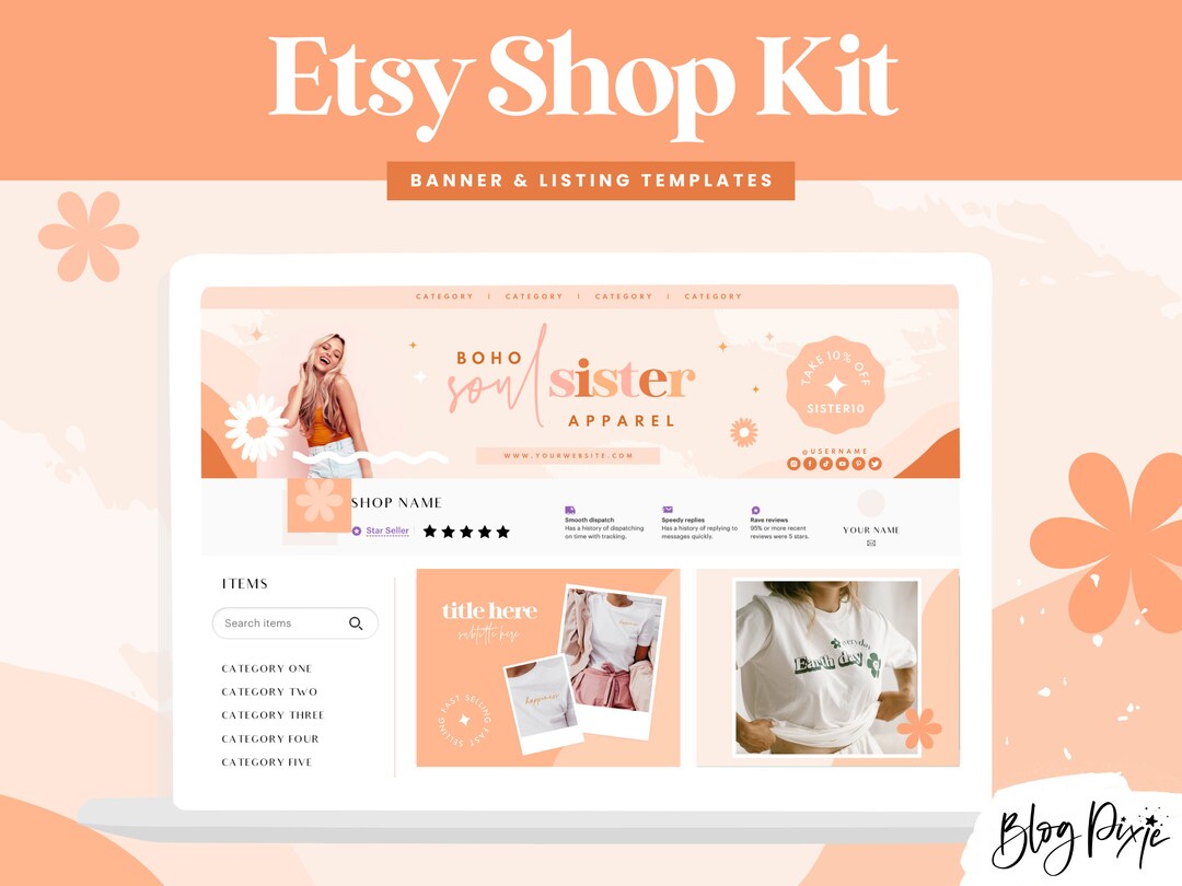 Etsy Shop Banner Templates Retro Boho Flower - Canva Templates - Etsy ...