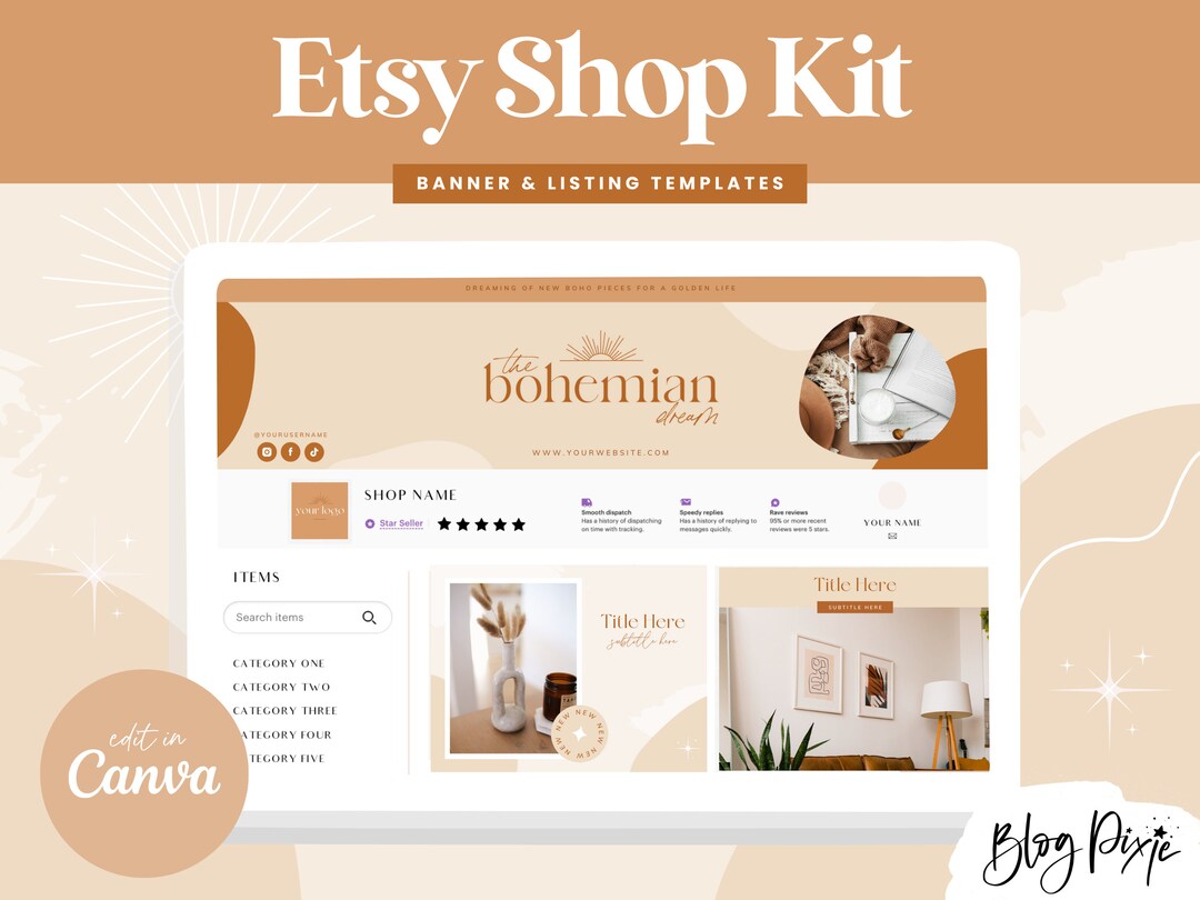 Etsy Shop Banners Boho Etsy Banner Kit Canva Templates Etsy Store ...