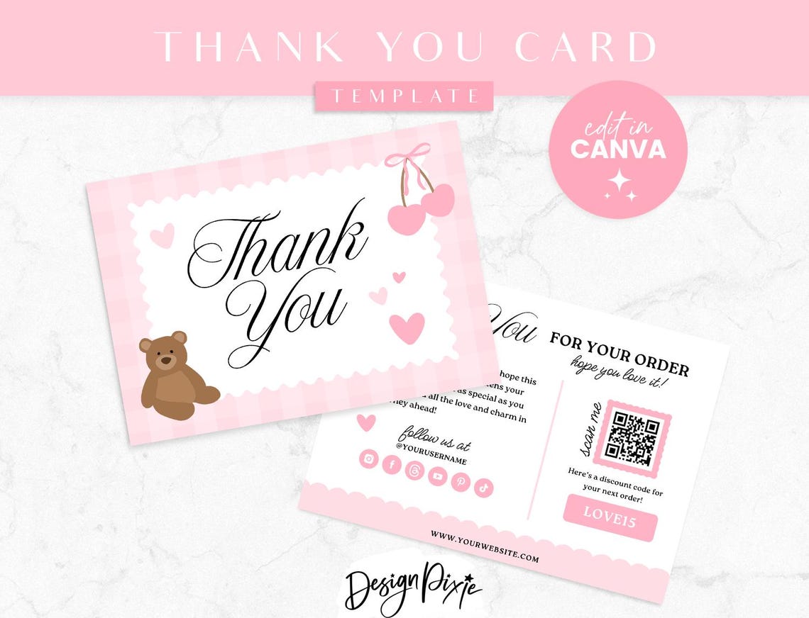 Editable Coquette Thank You Card Template - Pretty Pink Design for ...