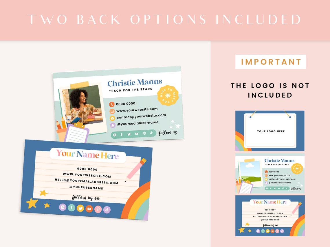 Teacher Business Card Template - Canva Business Card - Rainbow Branding ...