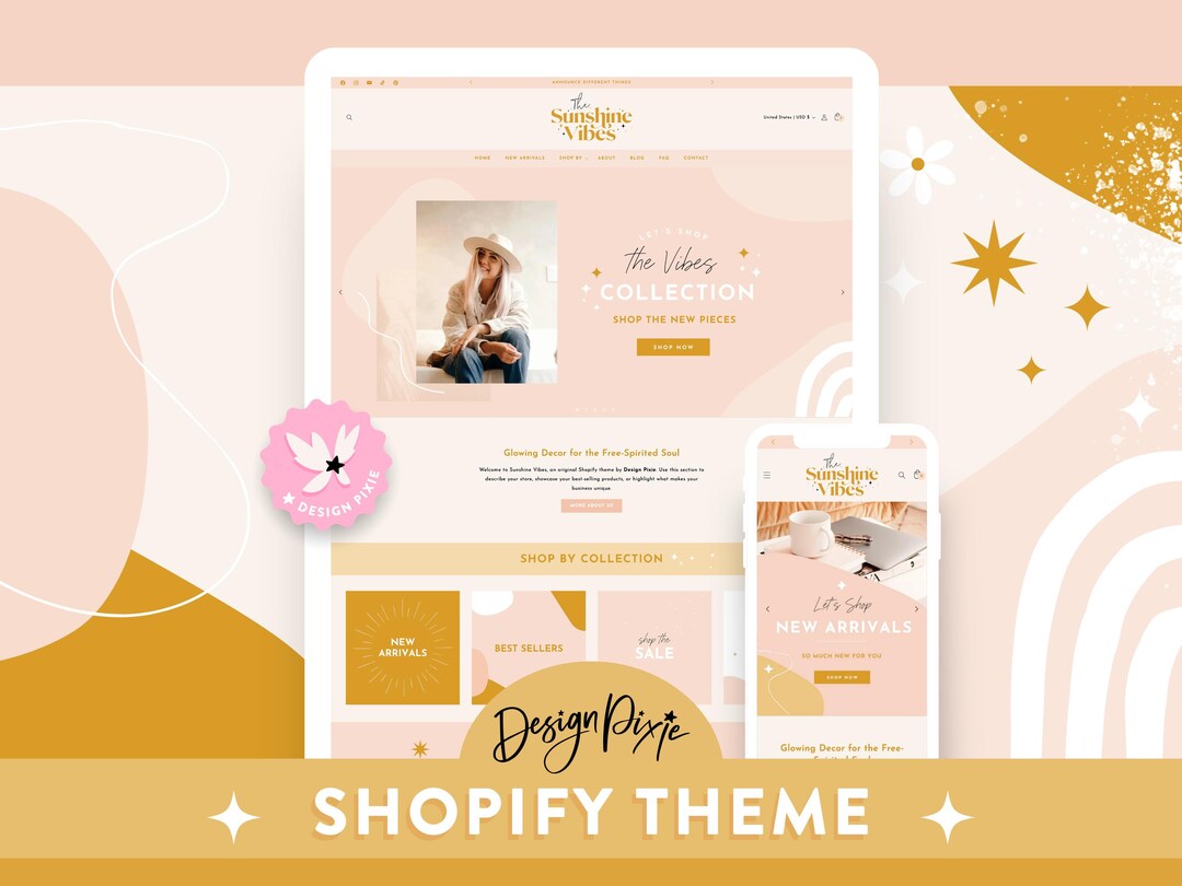 Boho Shopify Theme Template - Sunshine Vibes Website Design - Golden ...