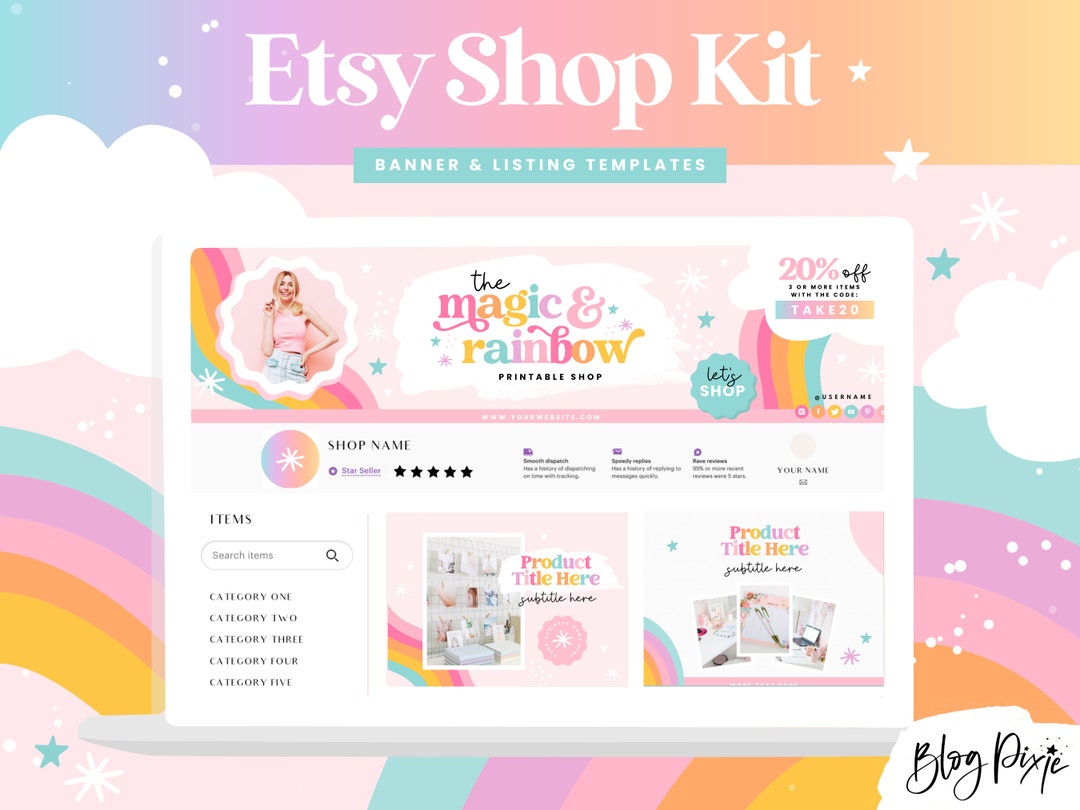 Rainbow Etsy Shop Kit Etsy Banner Templates Canva Etsy Store Listing ...