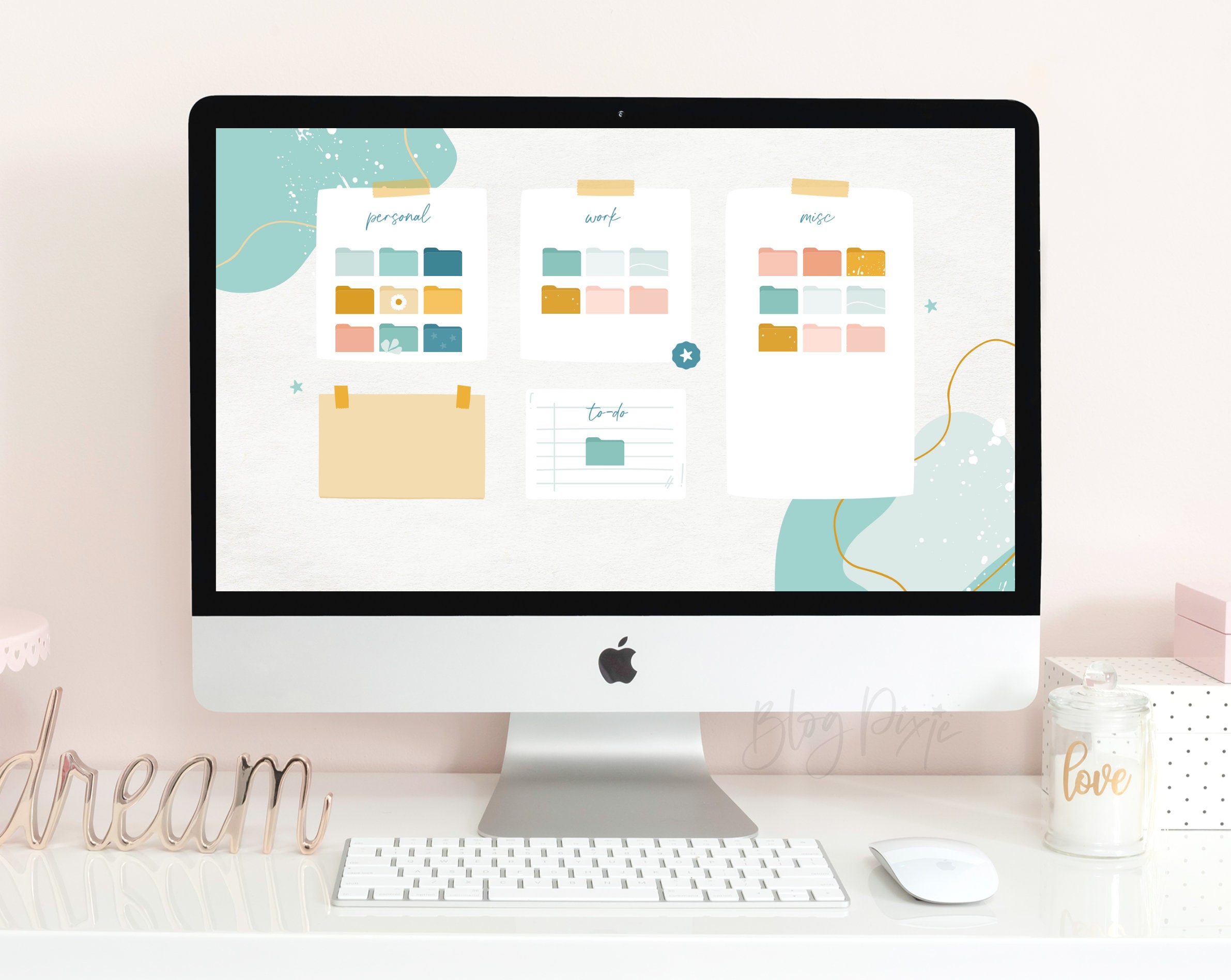 Desktop Folder Icons Blue Teal Yellow - Cute Aesthetic Mac Desktop - PC ...