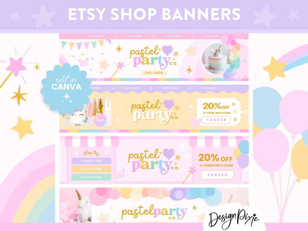 Pastel Party Etsy Banner Templates - Canva Editable Shop Banners for ...