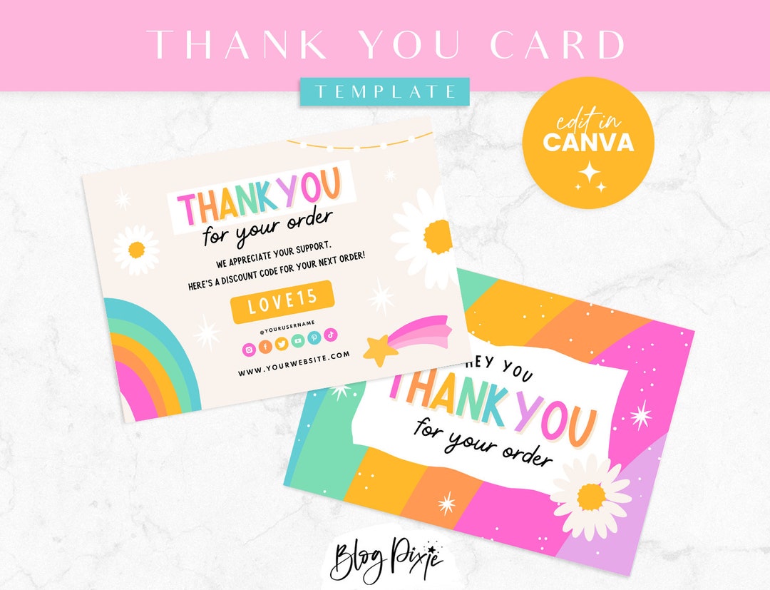 Rainbow Thank You Card Template - Canva Order Card - Rainbow Branding ...