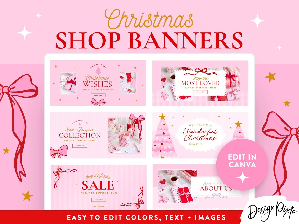Pink Christmas Shopify Banners - Canva Shop Banner Templates - Pretty ...