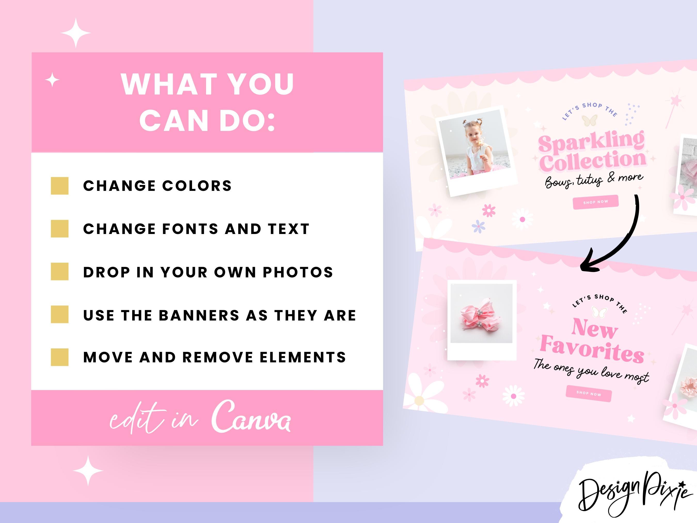 Girly Pink Shopify Banner Templates - Feminine Bows, Butterflies ...